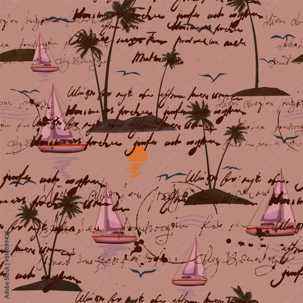 Sailboat seamless pattern, unreadable text, handwritten notes, palm ...