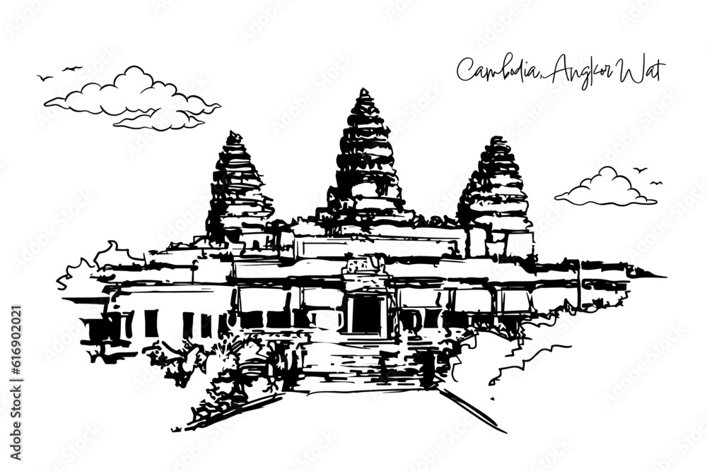 Cambodia, Angkor Wat with hand drawing concept, print, doodle, vector ...