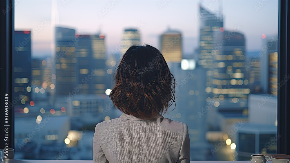 back view of women sitting apart at office table, she's working or ...