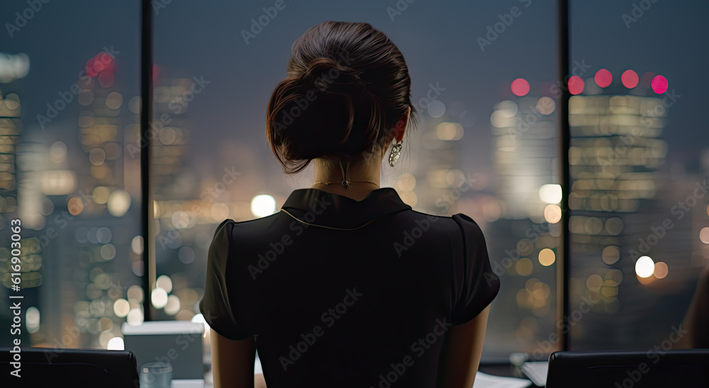 back view of women sitting apart at office table, she's working or ...