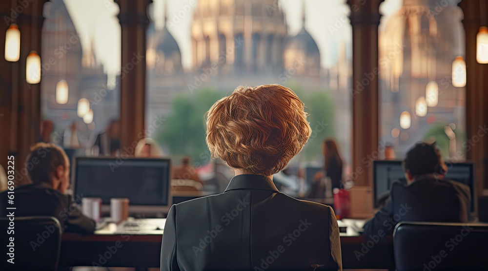 back view of women sitting apart at office table, she's working or ...