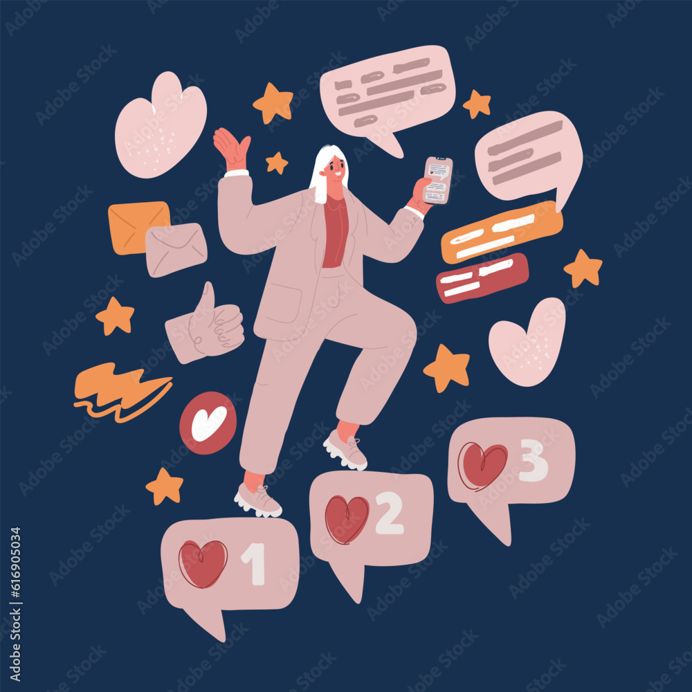 Cartoon vector illustration of Rising up blogger. Woman pulling heavy ...