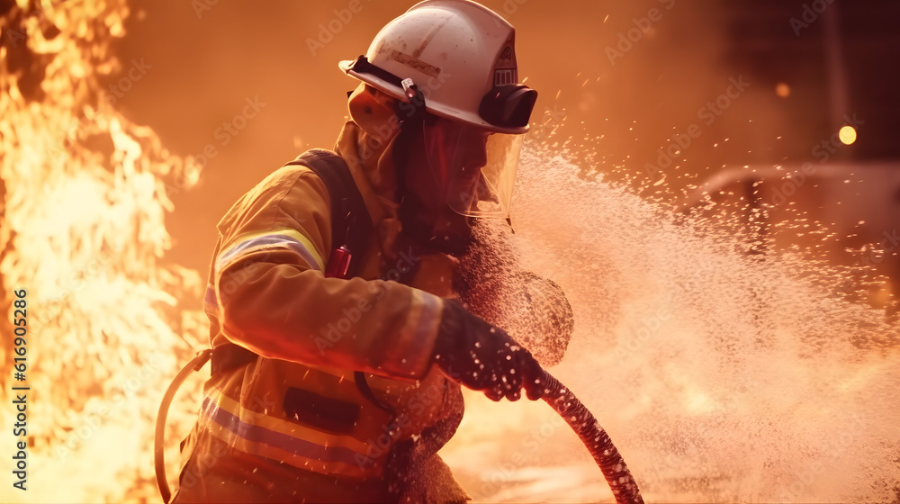 firefighter training., fireman using water and extinguisher to fighting ...