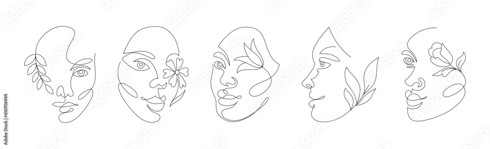 Woman line art faces. One outline girl silhouette for tattoo or print ...