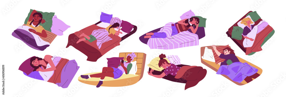 Sleep woman. Asleep cartoon flat style modern character, dream bed, nap ...