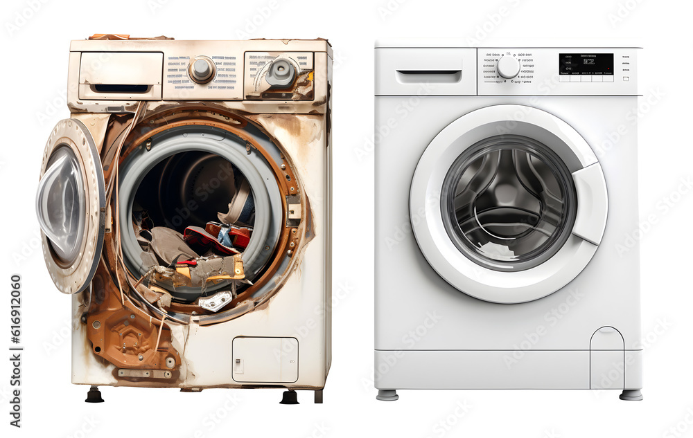 une vielle machine à laver cassée à côté d'une machine neuve ou réparée ...