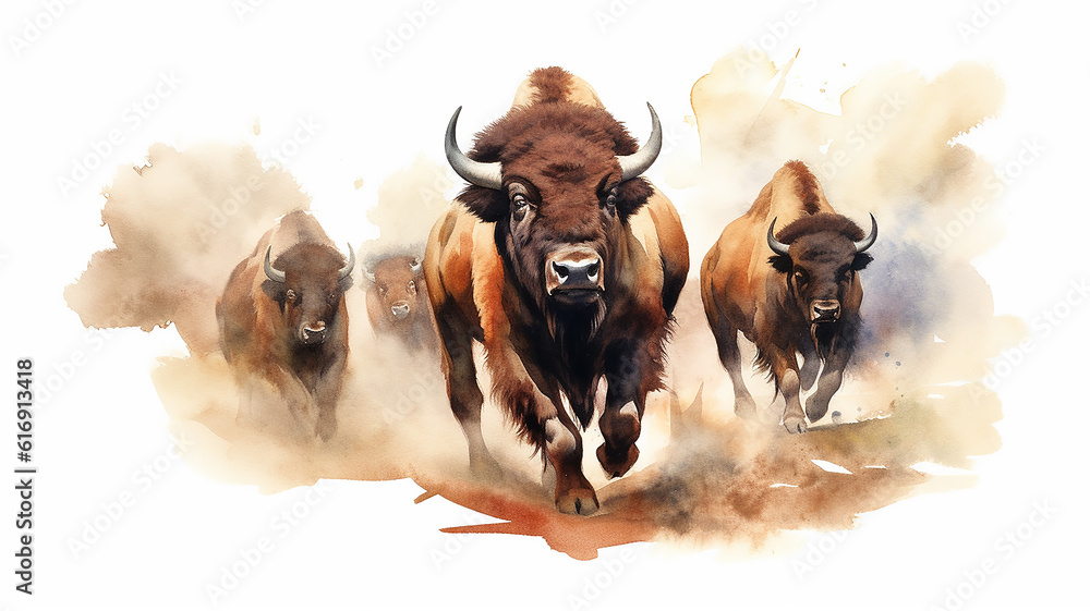 watercolor drawing of a group of bulls running on a white background ...