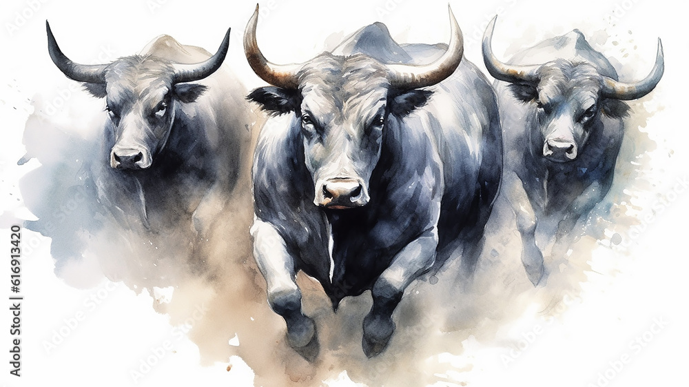 watercolor drawing of a group of bulls running on a white background ...