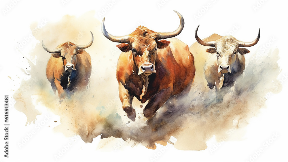 watercolor drawing of a group of bulls running on a white background ...