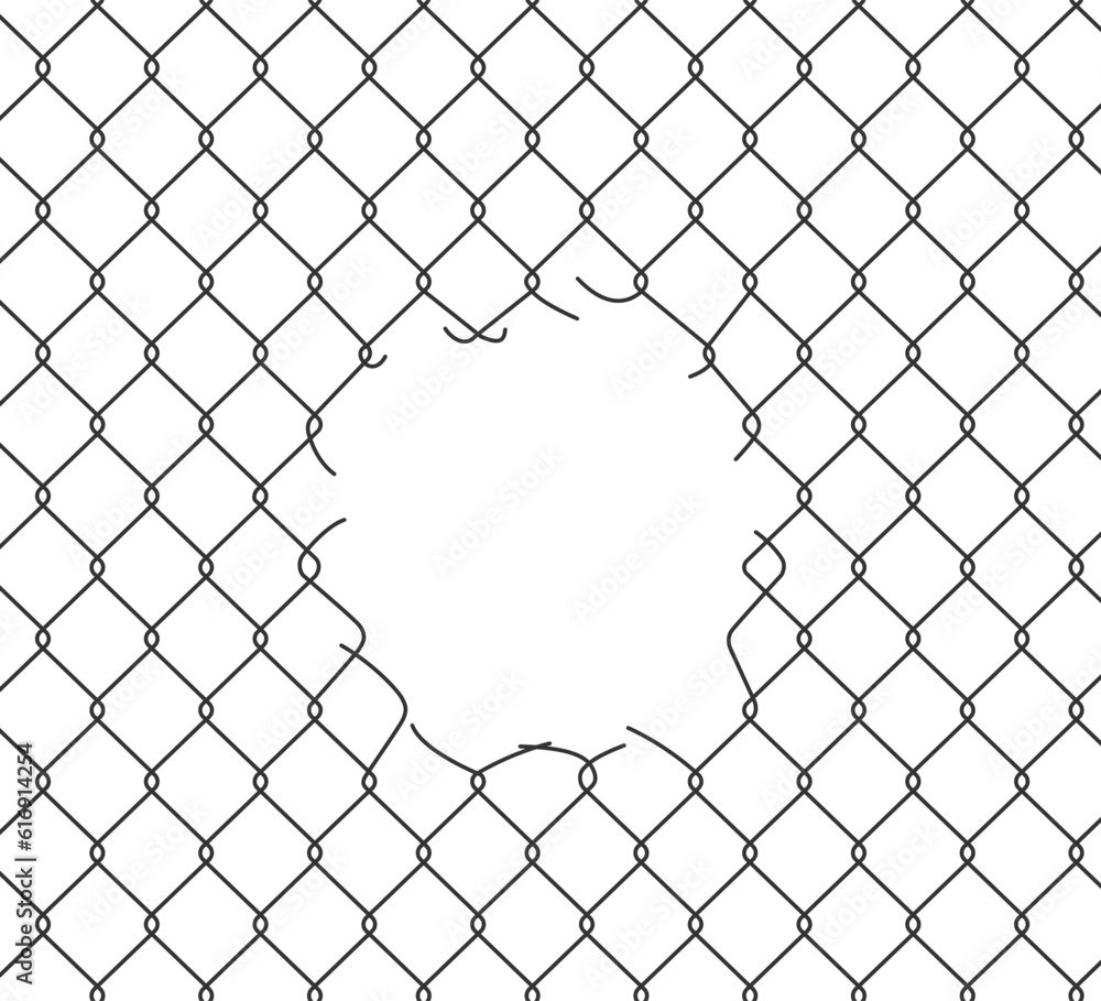 Broken wire mesh fence. Rabitz or chain link fence with cut hole. Torn ...