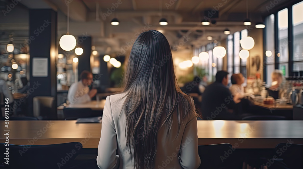 back view of woman sitting apart at cafe table, she's working or ...