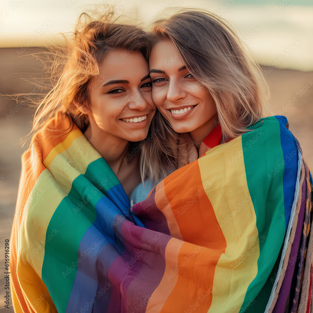 Radiant Smiles: Two Girls Wrapped in LGBT Flag Embrace the Moment Stock ...