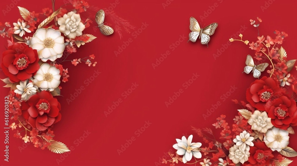 Floral frame border with elegant chinese flowers on red background ...