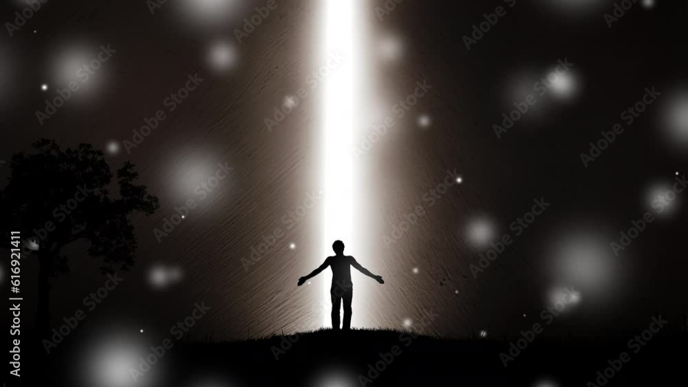 A silhouette of a man in nature among luminous flying lights, fireflies ...