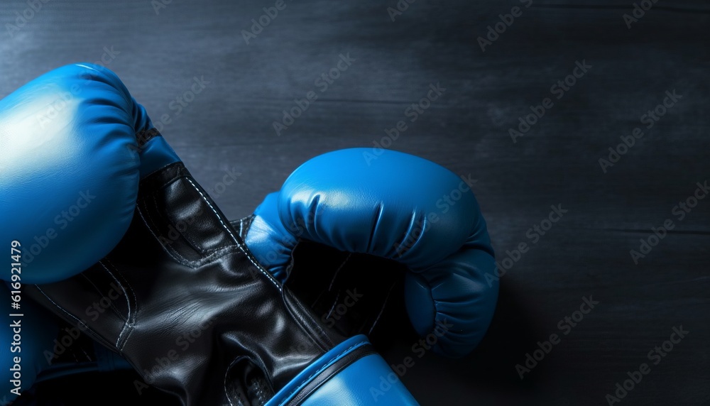 Blue and black boxing gloves on a black background. Free space for text ...