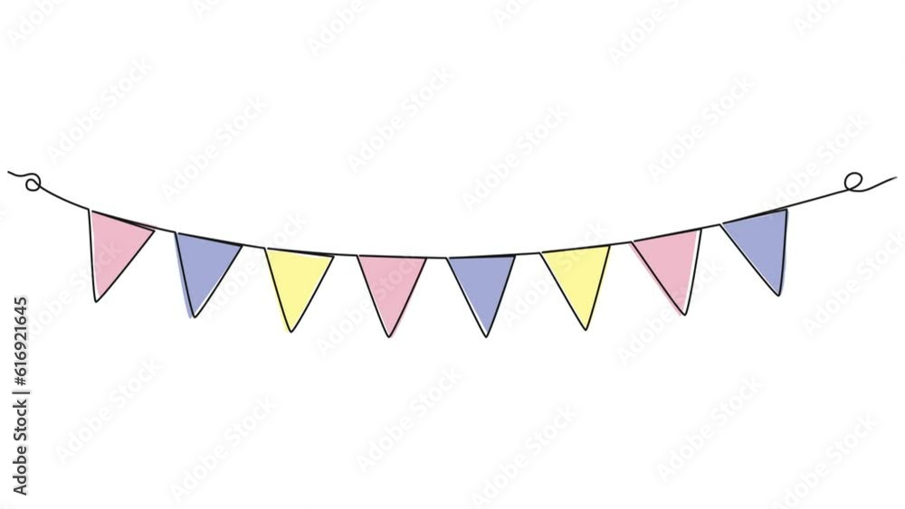 animated continuous single line drawing of bunting garland, pastel ...