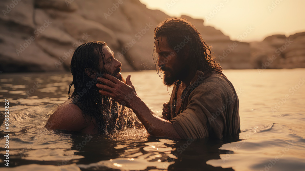 Fotografía Portrait of Jesus of Nazareth baptized by John the Baptist in the Jordan river ...