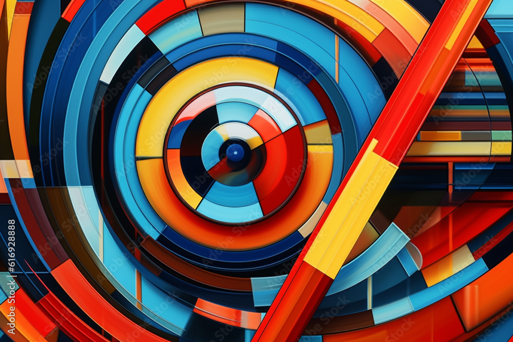An abstract painting featuring intersecting lines and geometric shapes in vibrant colors ...