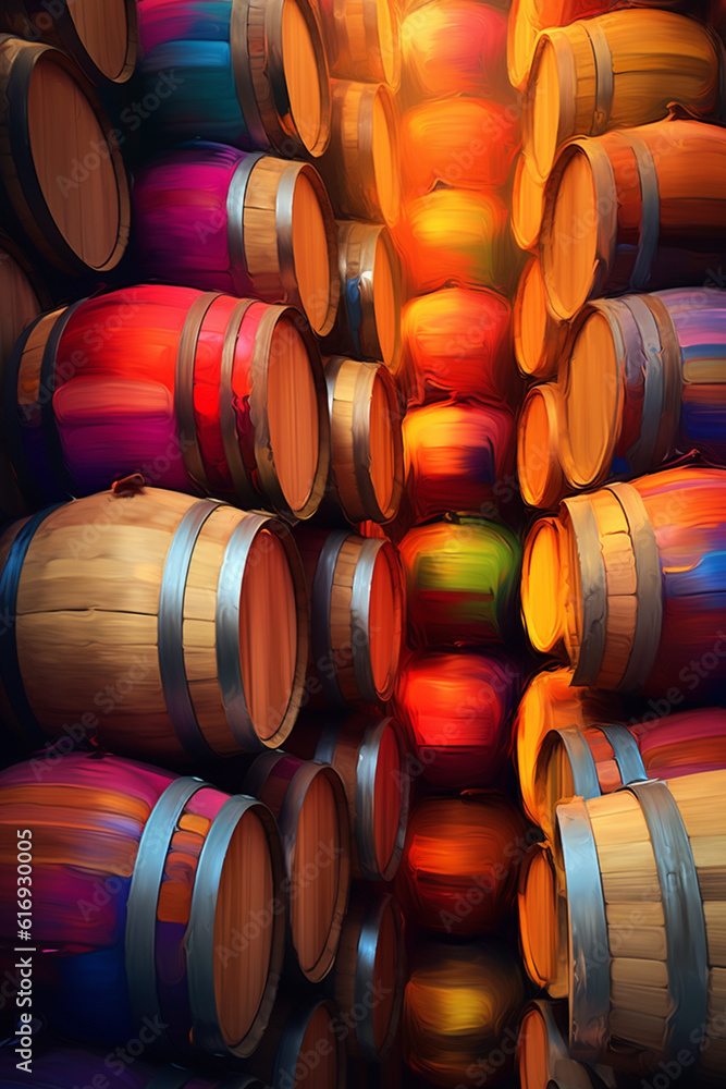 An abstract painting inspired by wine barrels, featuring bold ...