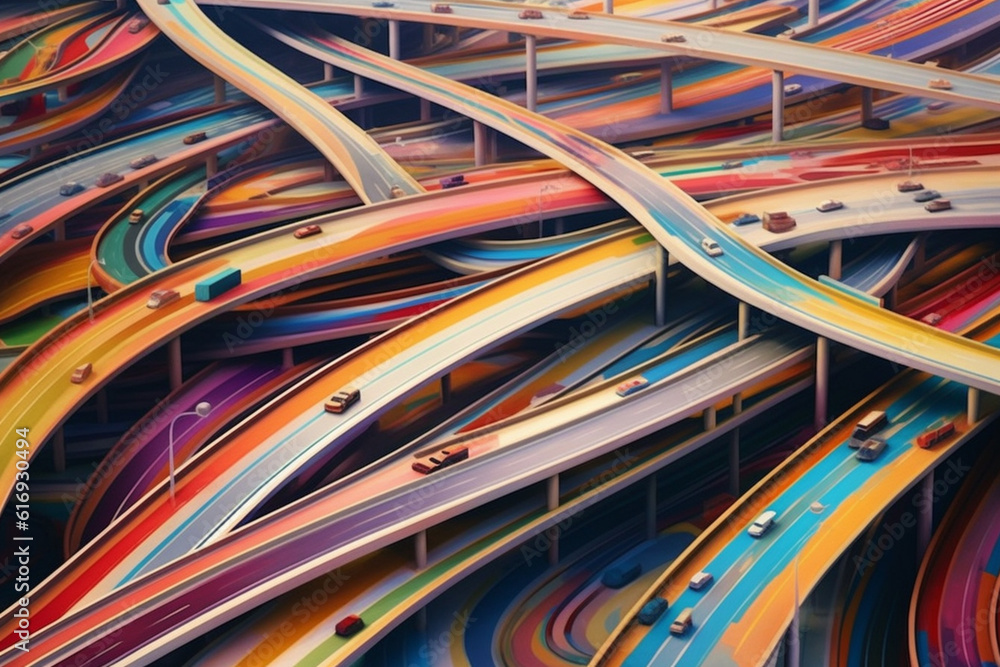 An abstract painting inspired by the lines and curves of a road ...
