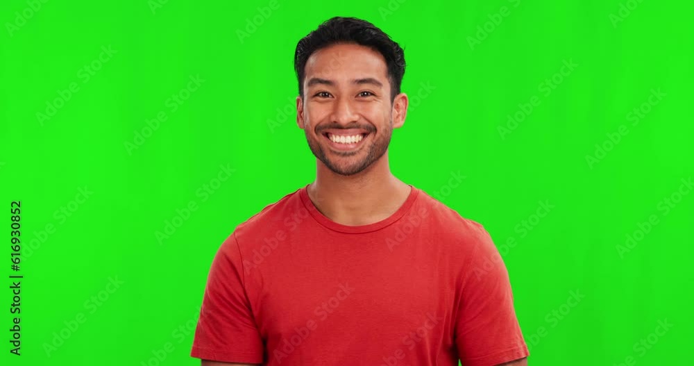 Green screen, face and man thinking in studio with questions, answer or ...