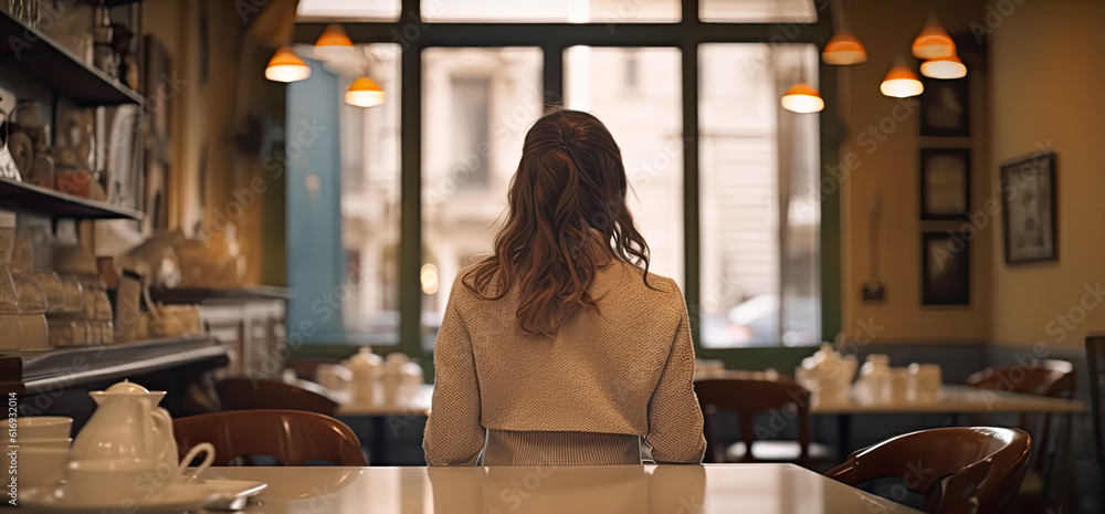 back view of woman sitting apart at cafe table, she's working or ...