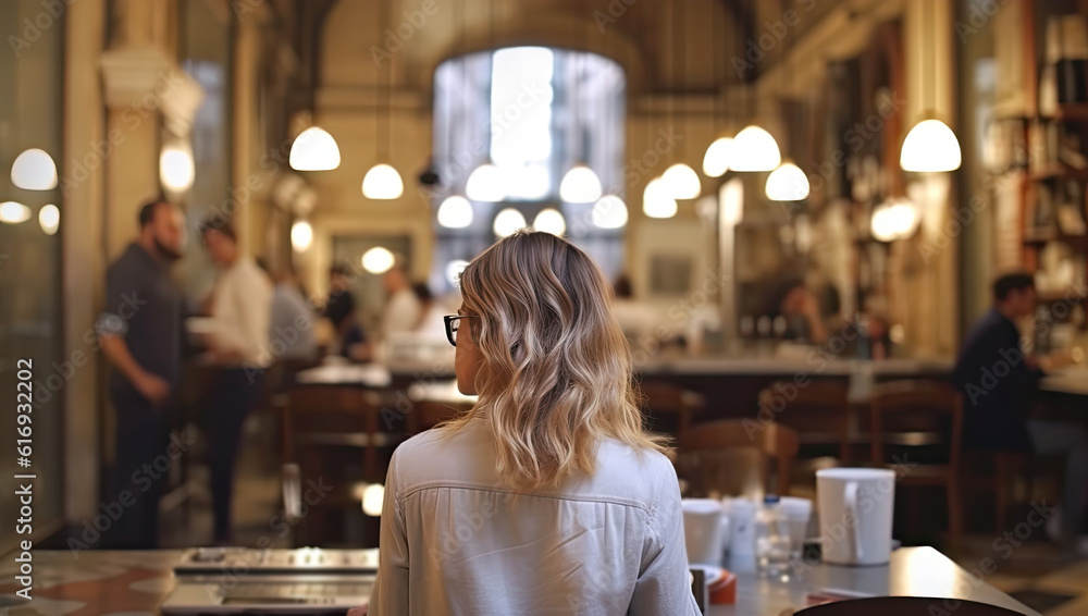 back view of woman sitting apart at cafe table, she's working or ...