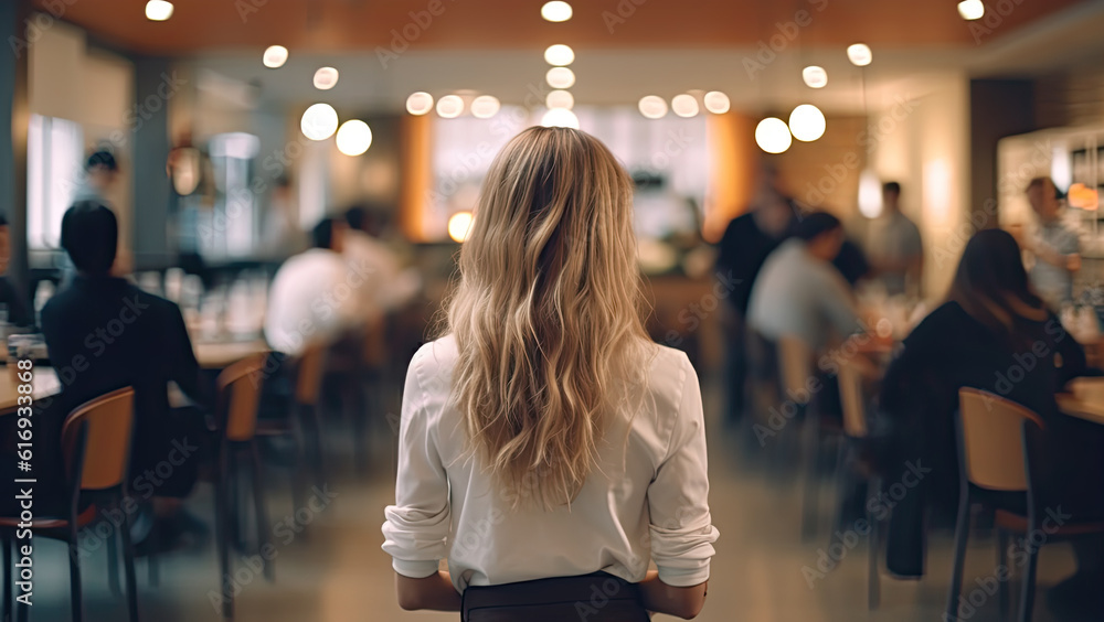 back view of woman sitting apart at cafe table, she's working or ...