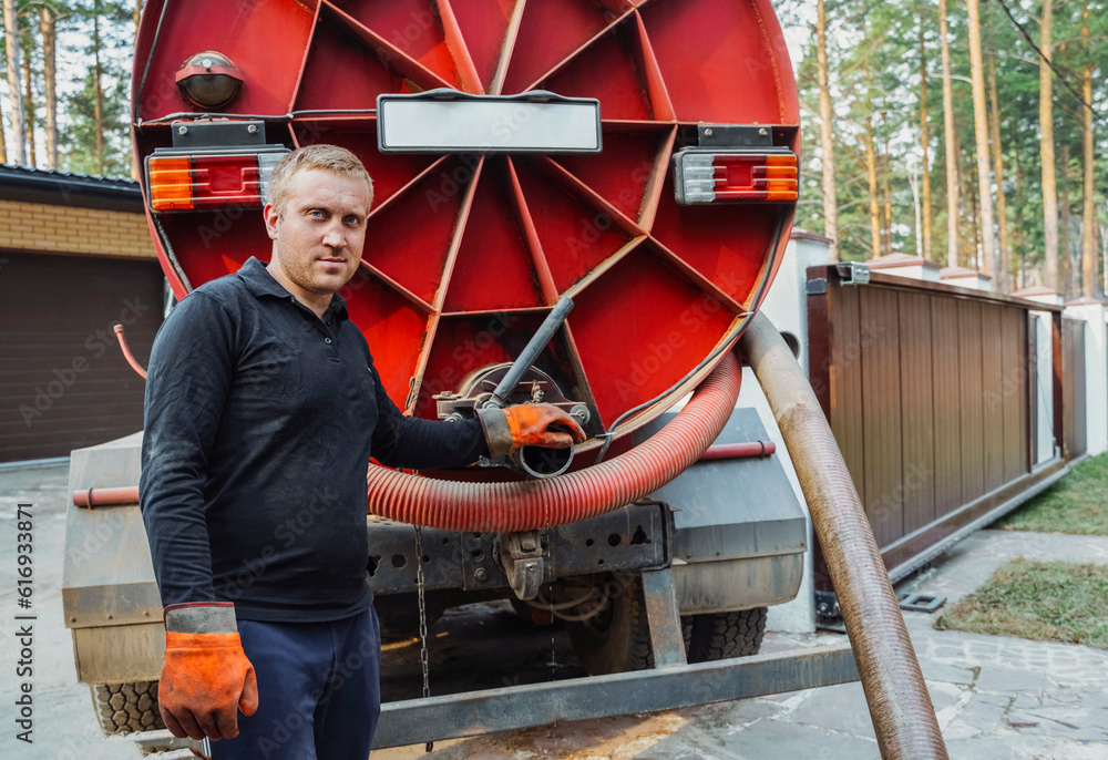 Sewer pumping machine.Septic truck.Pumping wastewater from a septic ...