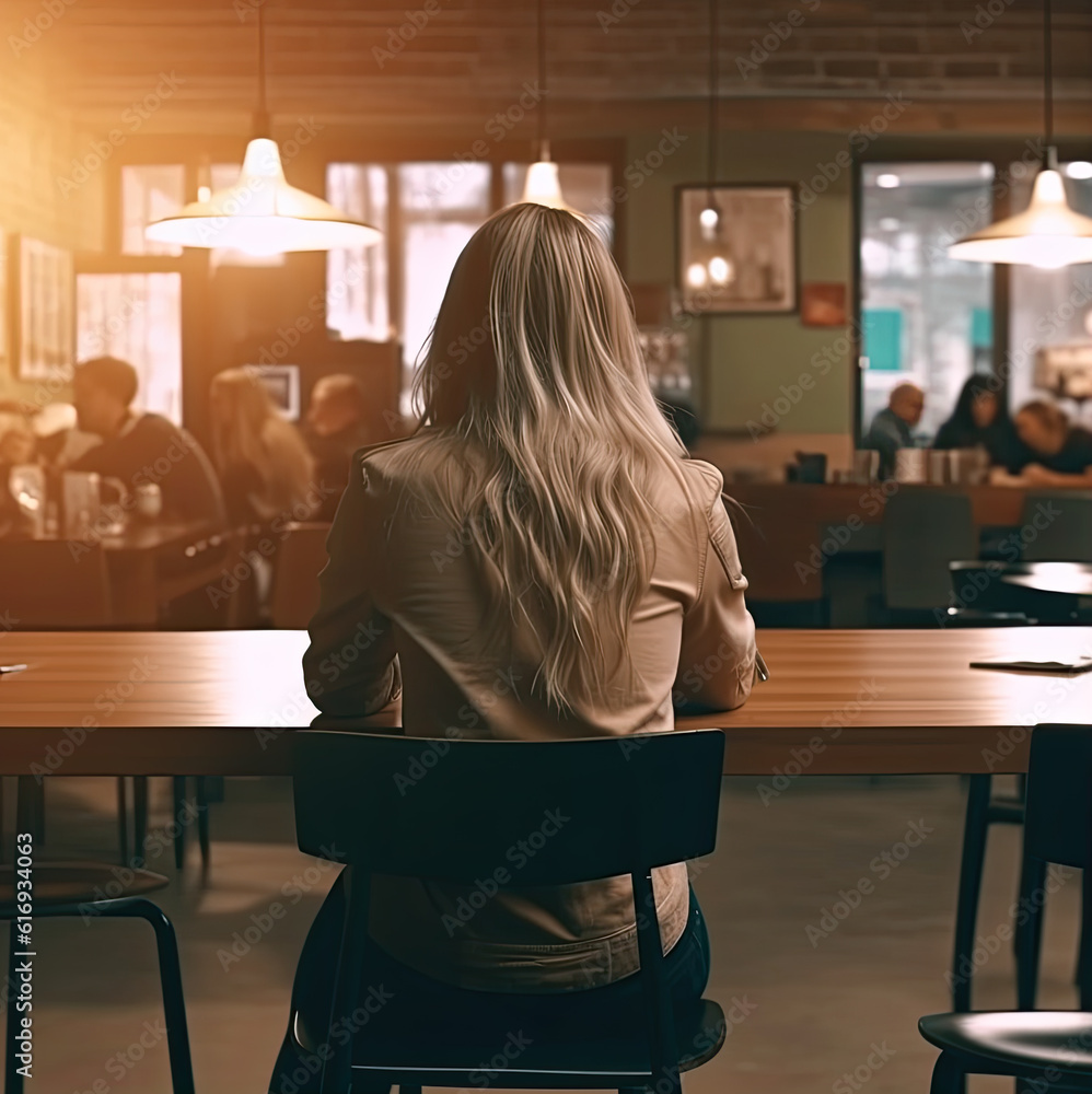 back view of woman sitting apart at cafe table, she's working or ...