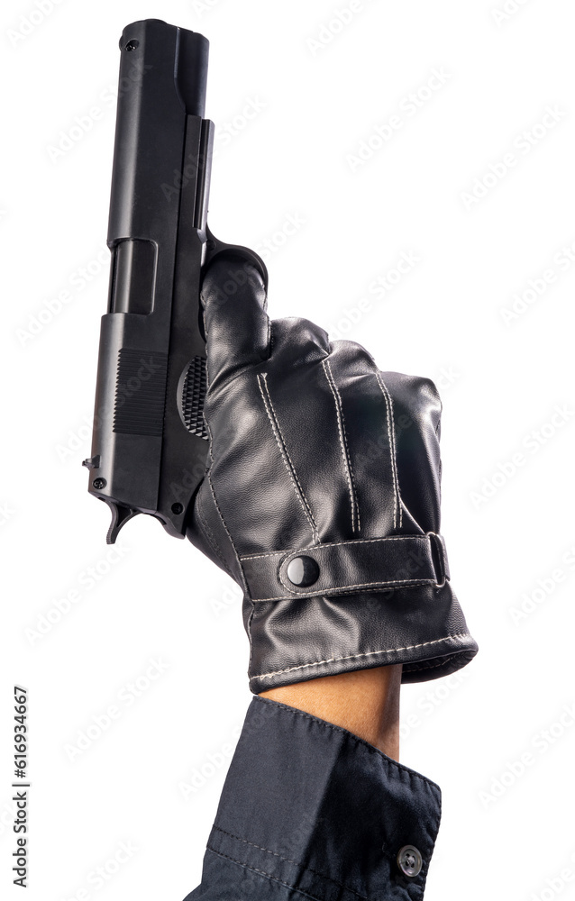 Close up Murderer or Criminal Hand holding a Gun isolated on white ...