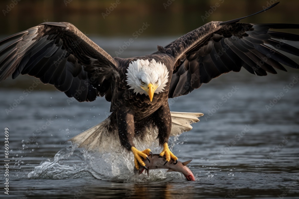 American Bald Eagle captured in flight attacking a fish in a pond Stock ...