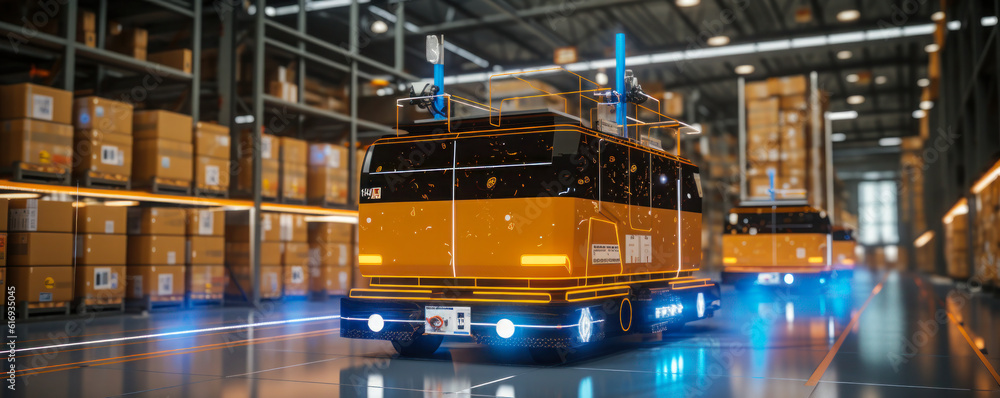 Concept of 5G for industrial use and a smart factory. Automated guided ...