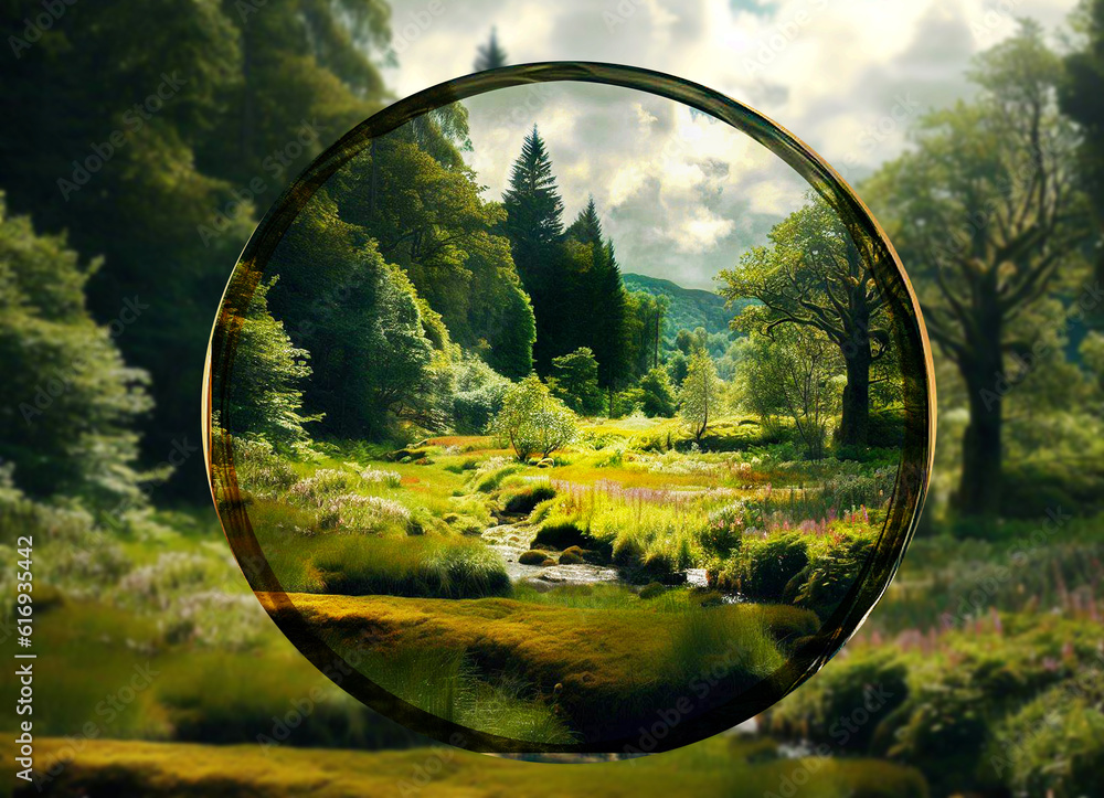 Focus on a beautiful landscape rich in nature seen through a circle of ...