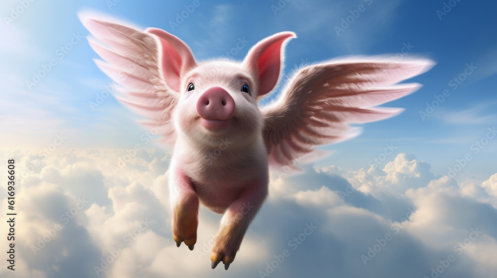 Pink flying pig with wings above clouds in the sky Stock Illustration ...