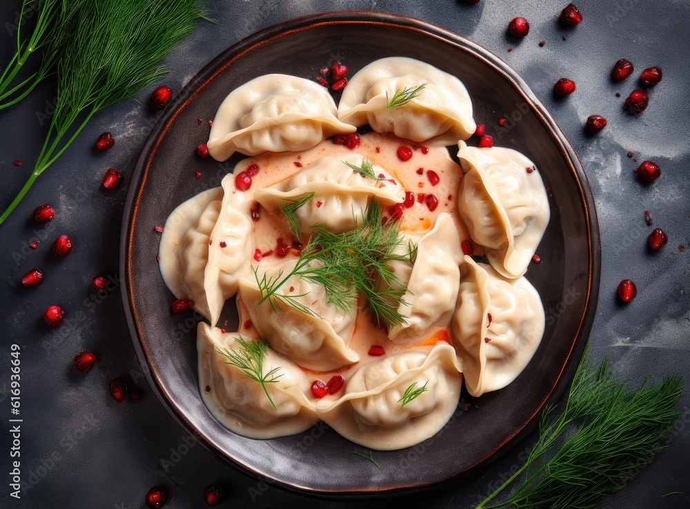 dumplings with cherries, Pierogi, varenyky, vareniki, pyrohy on a light ...