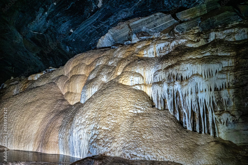 Limestone cave of stalactite and stalagmite formations, Gruta da Lapa ...