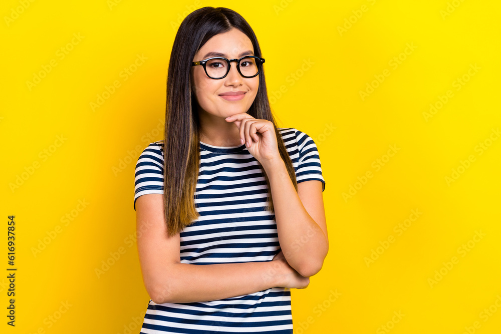 Portrait of charming young entrepreneur wear striped shirt touch chin ...