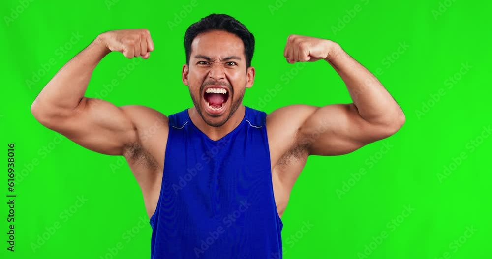 Muscular asian man, arm flex and green screen for bodybuilding or ...