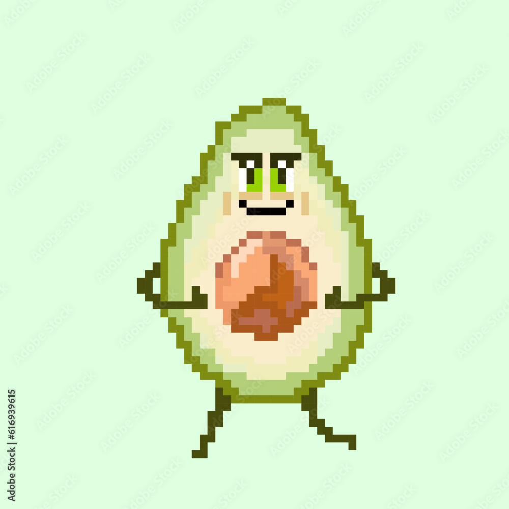 pixel art Avocado character 8 bit retro style. Smiling cute vegetable ...