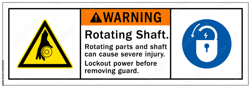 Vetor de Rotating shaft hazard sign and labels rotating parts and shaft ...