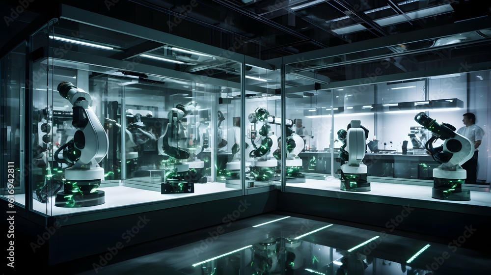 Advanced robotics lab with a line up of AI-powered robots behind glass ...