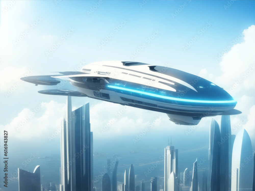 Flying passenger train. Futuristic sci fi city in clouds. Utopia ...