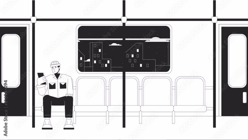 Commuter in train bw lo fi animation. Rapid transit. Subway passenger ...