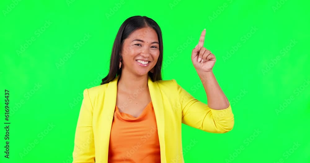 Green screen, hand pointing and woman face in studio with timeline ...
