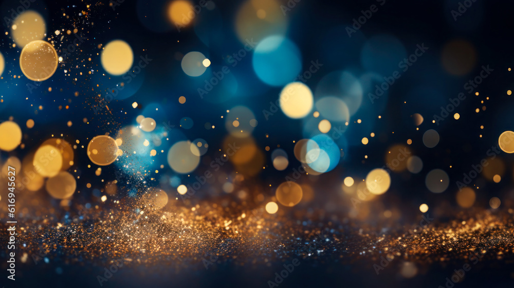 Abstract dark blue and gold particle background. Christmas golden light ...