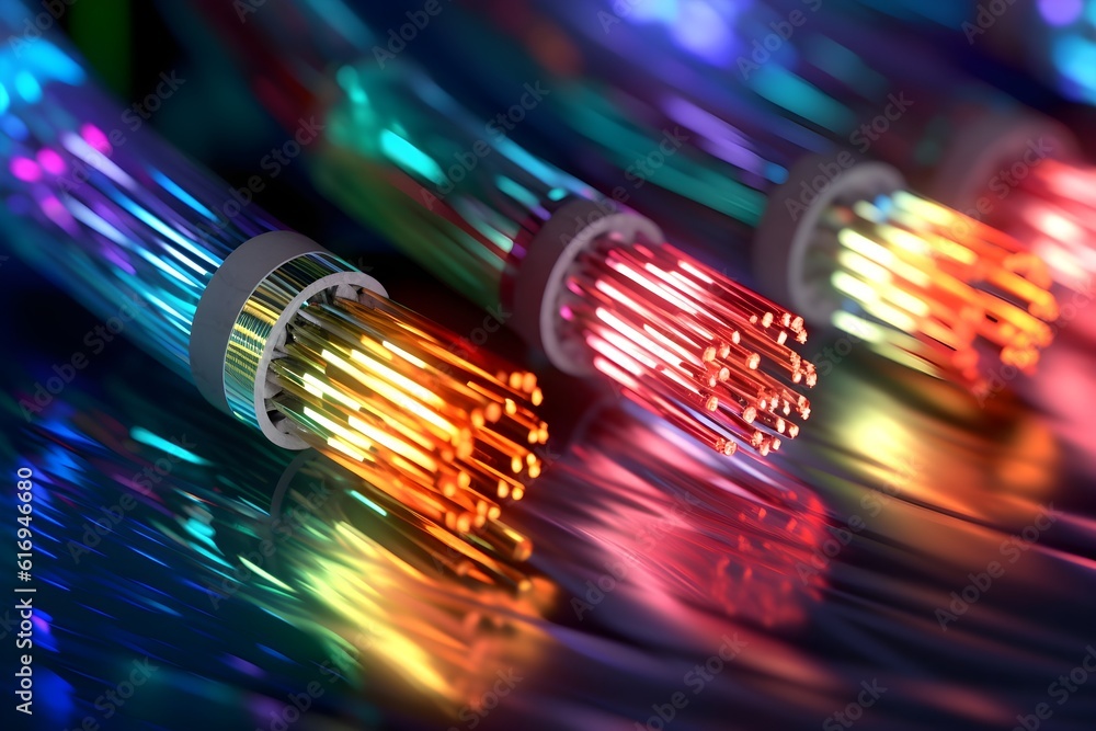 A close-up image of fiber optic cable ends, where bright light reflects ...