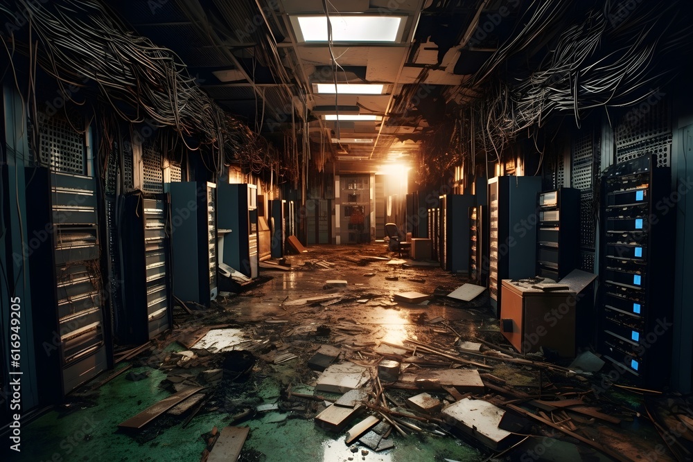 An image depicting a server room under maintenance, the floor strewn ...