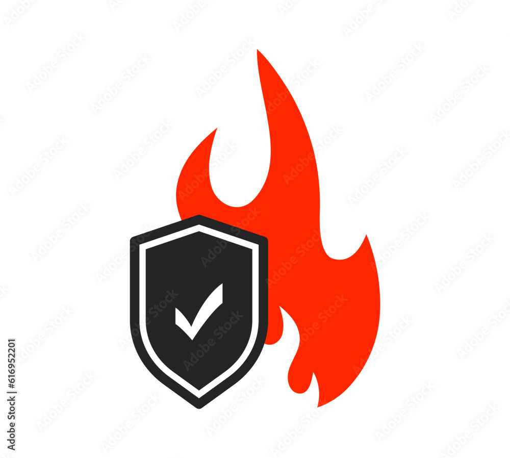 Fire resistant icon. Fireproof icon. Fire protection icon with shield ...
