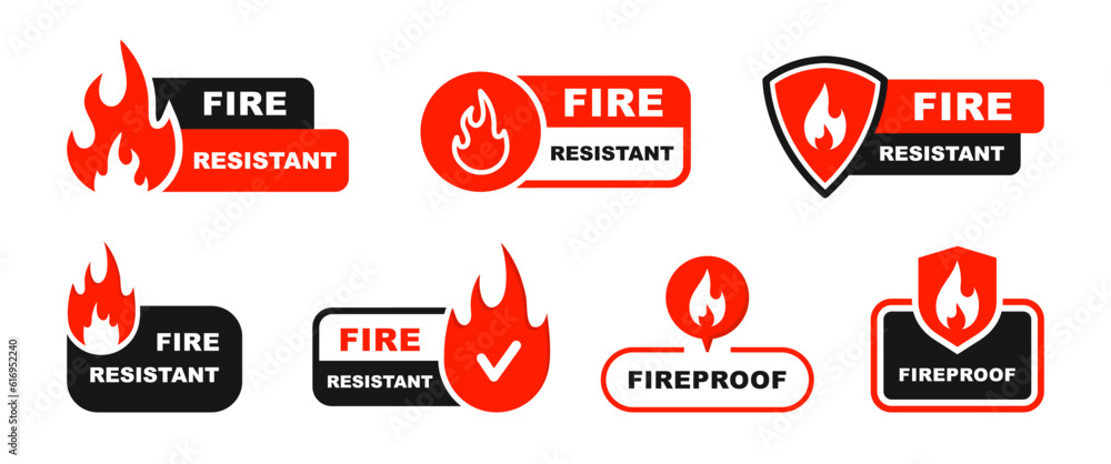 Fire resistant icon set. Fireproof icon. Fire protection icon with ...